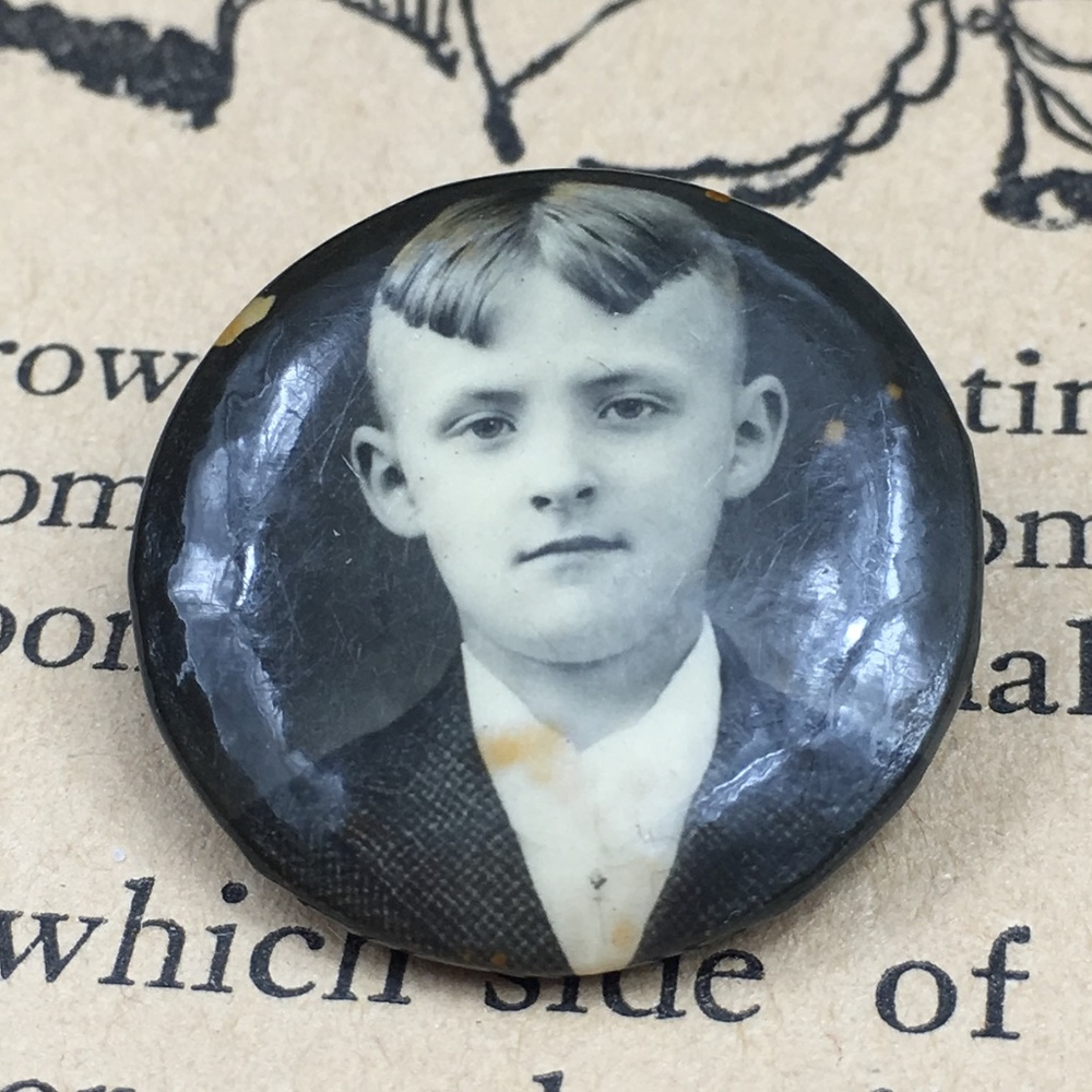 Antique Vintage Boy Haircut Photo Button Pin - Gem